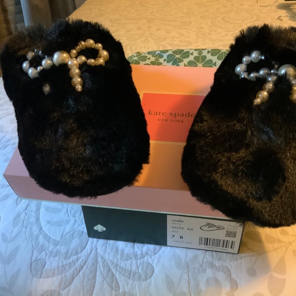kate spade | Shoes | Kate Spade Faux Fur Slippers Black And Pearl ...
